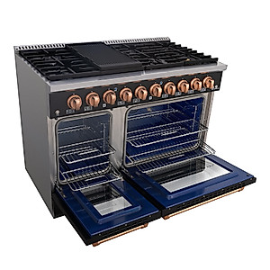 Akicon 48" Slide-in Freestanding Professional Style Gas Range with 6.7 Cu. Ft. Oven, 8 Burners, Convection Fan, Cast Iron Grates, & Blue Porcelain Oven Interior, In Black with Copper