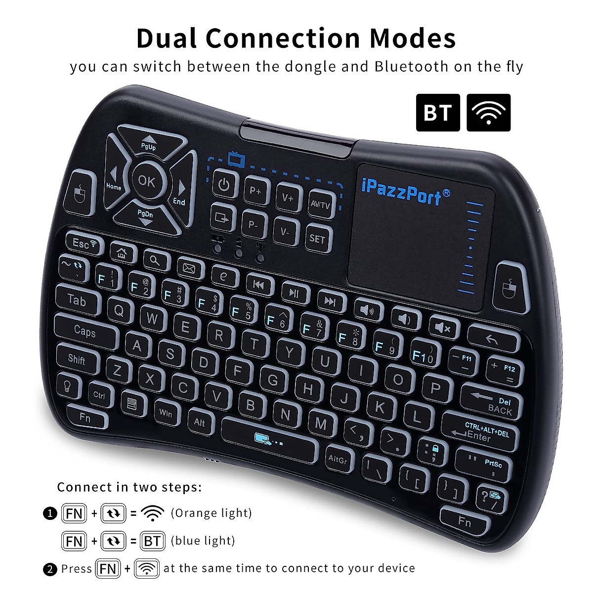 iPazzPort Bluetooth Mini Keyboard (IR Learning) Touchpad Mouse, Backlit 2.4GHz Wireless Keypad Remote Controller for Tablets, Smart TV,Fire Stick, Android TV Box KP-61SM (Bluetooth and 2.4G)