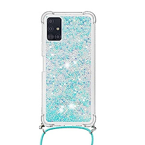 HOUSON for Samsung Galaxy A51 4G Case, Moving Liquid Holographic Sparkle Glitter Case with Crossbody Lanyard Strap, Girls Women Bling Diamond Ring Slim Protective Case for Galaxy A51 4G Blue