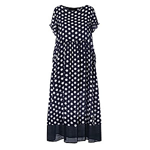 Women's Cotton Linen Dress Short Sleeve Maxi Casual Plus Size Tunic Dress with Pockets Two-Piece Dot Pattern Long Dress
