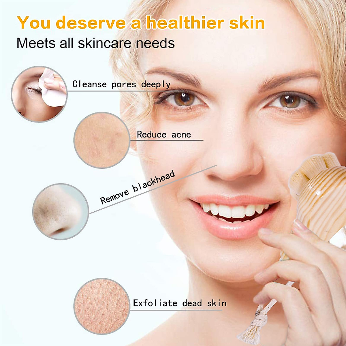 Beomeen Facial Cleansing Brush for Face Exfoliation, Ultra Fine Soft Bristle Face Brush for Deep Pore Cleansing, Wooden Handle Skin Cleaning Scrubbers for Men and Women