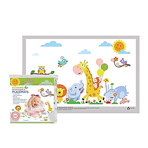 Safari Disposable Placemats for Table Top 60 Mats for Children Kids Toddlers Baby Perfect to use as Restaurants Place mats BPA Free Eco Friendly Sticks to Table Fun Designs Keep Neat Now!
