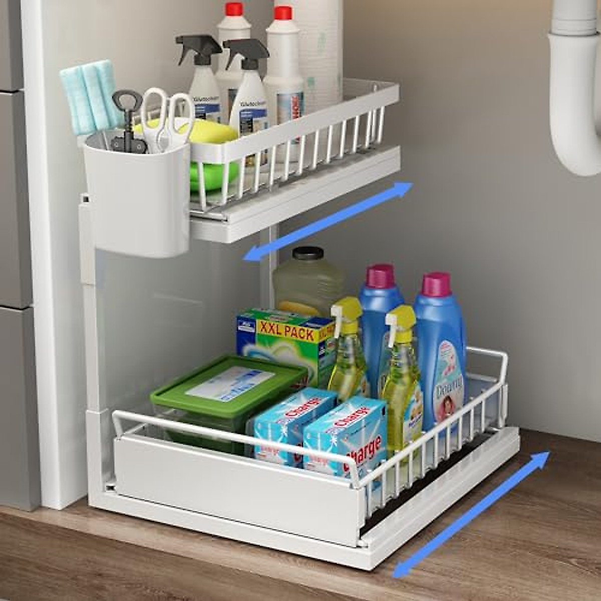 CICUFY Metal Under Sink Organizer,2-Tier Double Sliding Under Sink Storage for kitchen & Bathroom Cabinet-White