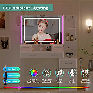 Hiwelldas Vanity Desk with Mirror and Lights, 43.3'' Large Makeup Vanity Table with Ambient Light 3 Lighting Modes Brightness Adjustable, Dressing Table with with Charging Station,7 Drawers