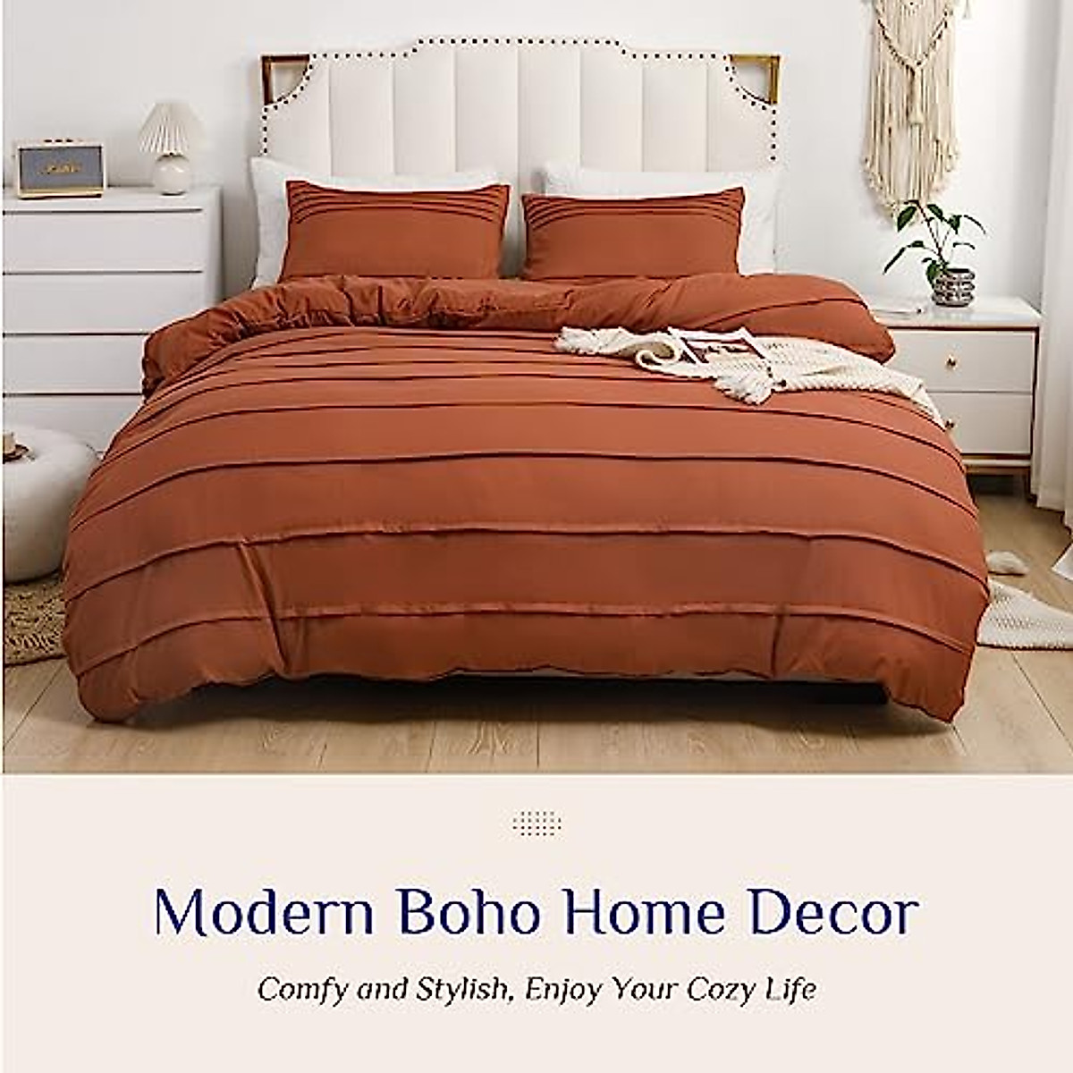 Argstar 3 Pieces Pleated Duvet Cover King, Burnt Orange Boho Textured Duvet Cover, 100% Washed Microfiber Soft Striped Comforter Cover with Zipper & Ties (1 Rust Duvet Cover, 2 Pillowcases)