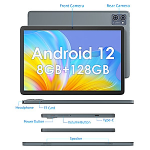 jumper 10 Inch Tablet, Android 12 Tablets with 8GB RAM 128GB Storage, Octa-Core Processor MT8183, 1920x1200 HD IPS Display, 13MP+5MP Dual Camera, 6000mAh, Dual Stereo Speakers, GPS, Bluetooth5.0.
