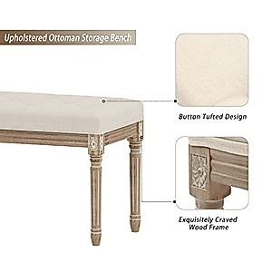 Yusong Upholstered Bench,Bedroom Bench for End of Bed,Piano Bench Dining Bench Entryway Shoe Bench with Button Tufted Padded Seat for Living Room, Vanity Bench Foot-Stool with Carved Wood Legs,Beige