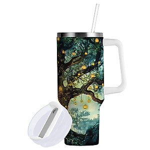 Jihqo Fairy Tales Glowing Tree 40 oz Stainless Steel Vacuum Insulated Tumbler with Handle and Straw Lid, Leakproof Water Bottle Double Wall Travel Mug Coffee Cup, Cupholder Friendly