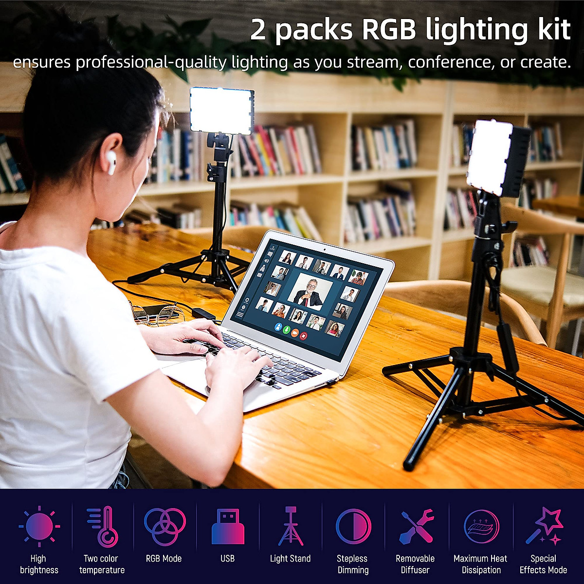 RGB Photography Lighting,USB Powered 2600K-6000K LED Tabletop Light with Stand, for Zoom Calls Video Conference Webcam Meeting Tiktok Game Streaming YouTube Photo Video Studio Shooting （2 Packs