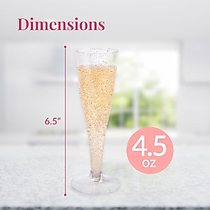 Prestee 100 Pack Plastic Champagne Flutes Disposable - Durable Silver Glitter Champagne Glasses 4.5 oz - Ideal for Parties, Weddings, Mimosa Bar, and Celebrations - Elegant Single Use Party Glasses