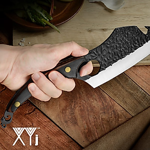 XYJ 6.5 Inch Butcher Boning Knife With Bottle Opener - Professional Kitchen And Outdoor Meat Cutting Knife Full Tang Stainless Steel Finger Hole Blade With Rosefinch Design Wood Handle Gift Box