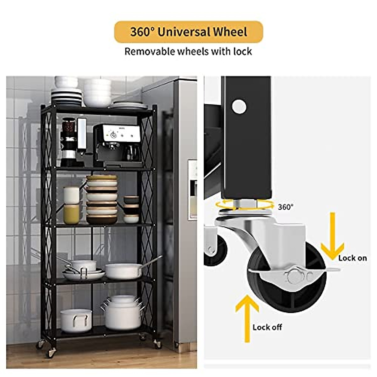 BENOSS Foldable Metal Storage Shelves with Wheels, Heavy-Duty Black Wire Rack Folding Storage Rack No Assembly, for Garage Kitchen Pantry Bedroom