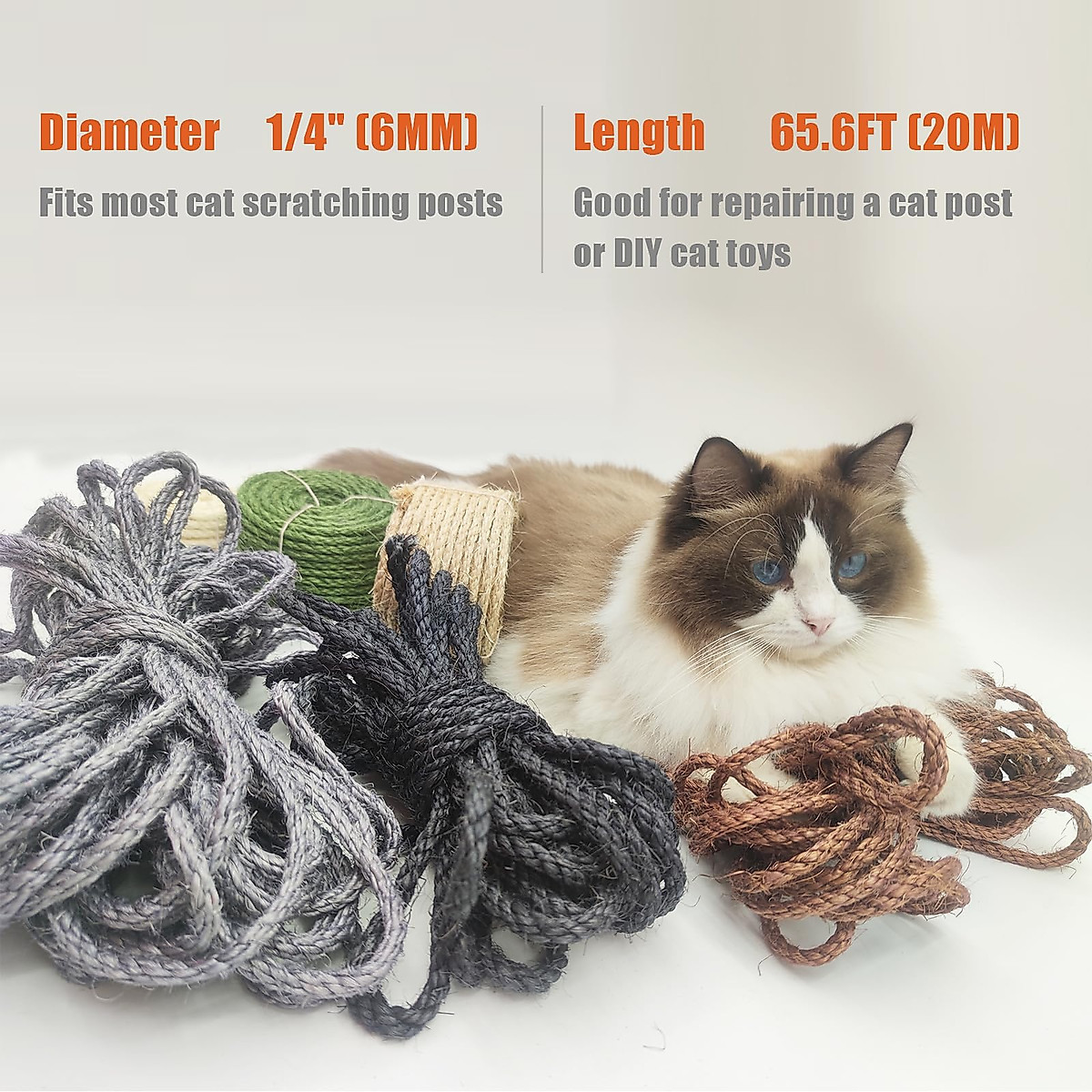 XRzitky Natural Sisal Rope for Cat Scratcher, 1/4 Inch 65FT Rope for Cat Scratching Post Multi Color Cat Scratcher Replacement Rope, Silver Grey