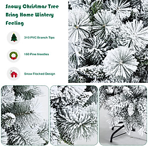 Goplus 7ft Snow Flocked Artificial Christmas Tree, Premium Hinged Pine Tree with Metal Stand, 100% New PVC Material, Unlit Xmas Tree for Indoor and Outdoor