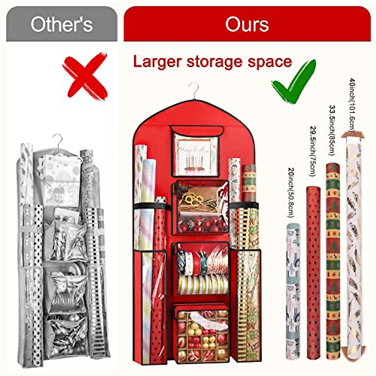 Woodoulogy Hanging Gift Wrapping Paper Storage, 48x24 Extra Large Double-Sided Christmas Wrap Bag Container, Oxford Dual-Side Craft Roll Organizer, Present Wrap Holder for Bedroom Closet, Door