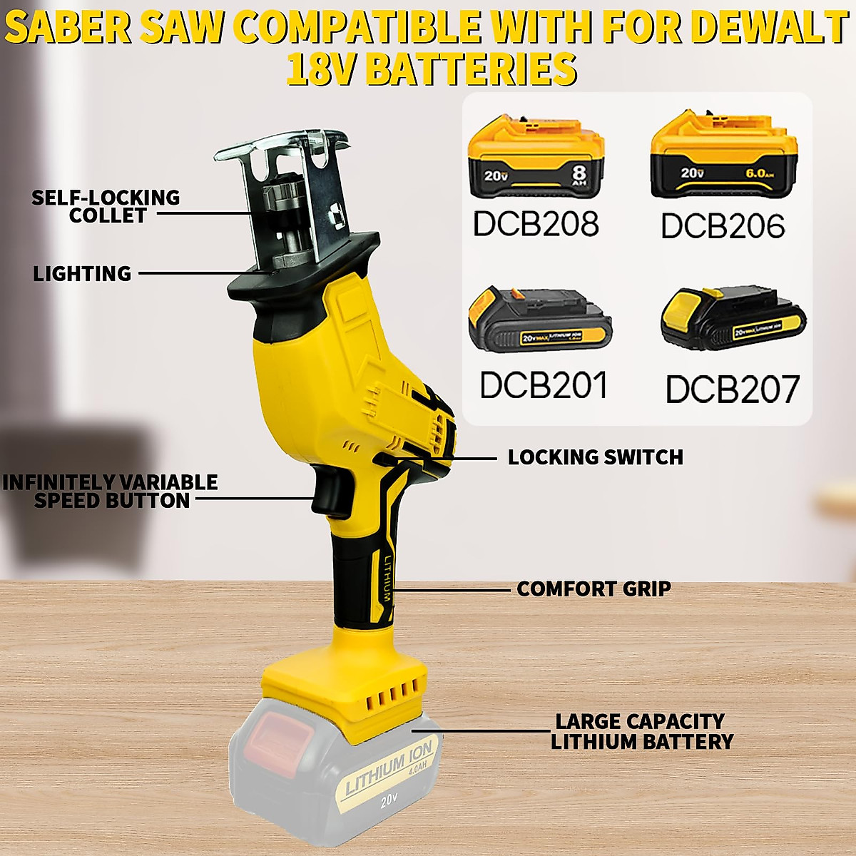 Cordless Reciprocating Saw for de-walt 20V max reciprocating saw,Recipro Saw 0-3000SPM Variable Speed,4 Saw Blades,Tool-free Blade Change Chainsaw for Cutting Wood/Metal/Plastic(No battery)