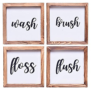 Athena's Elements Farmhouse Bathroom Wall Decor Wash, Brush, Floss, Flush Sign Modern Rustic Style Home Decoration Solid Wood Frame 32 x 7 inches or 15 x 15 inches (Set of 4)