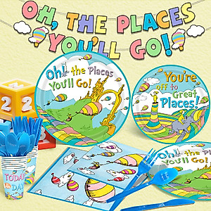 192Pcs Oh The Places You' ll Go Decorations Oh The Places Party Decorations Oh The Places You'll Go Banner with Plates and Napkins for Kindergarten Graduation Party Supplies 2024