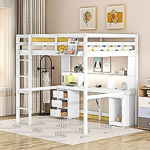 SIYSNKSI Full Size Loft Bed with Desk, Wood Loft Bed Frame with LED Light and Bedside Tray, Multi-Storage Loft Bed with Charging Station for Kids Teens Adult Bedroom