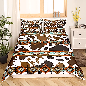 Erosebridal Cowhide Comforter Cover Brown Highland Cow Print Duvet Cover,Western Bedding Sets Queen Exotic Aztec Bed Set,Farmhouse Wild Animals Longhorn Skin Room Decor Cowboys Gifts for Men