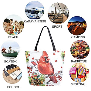 ZzWwR Cardinal Birds on Fir Branch Berry Christmas Extra Large Canvas Shoulder Tote Top Handle Storage Bag for Gym Weekender Beach Travel Reusable Grocery Shopping