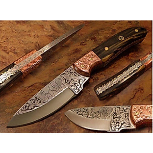 HF ENTERPRISES 440 Stainless Steel Hand Engraved Fixed Blade Hunting Camping Survival tactical EDC Knife with Leather sheath and storage box