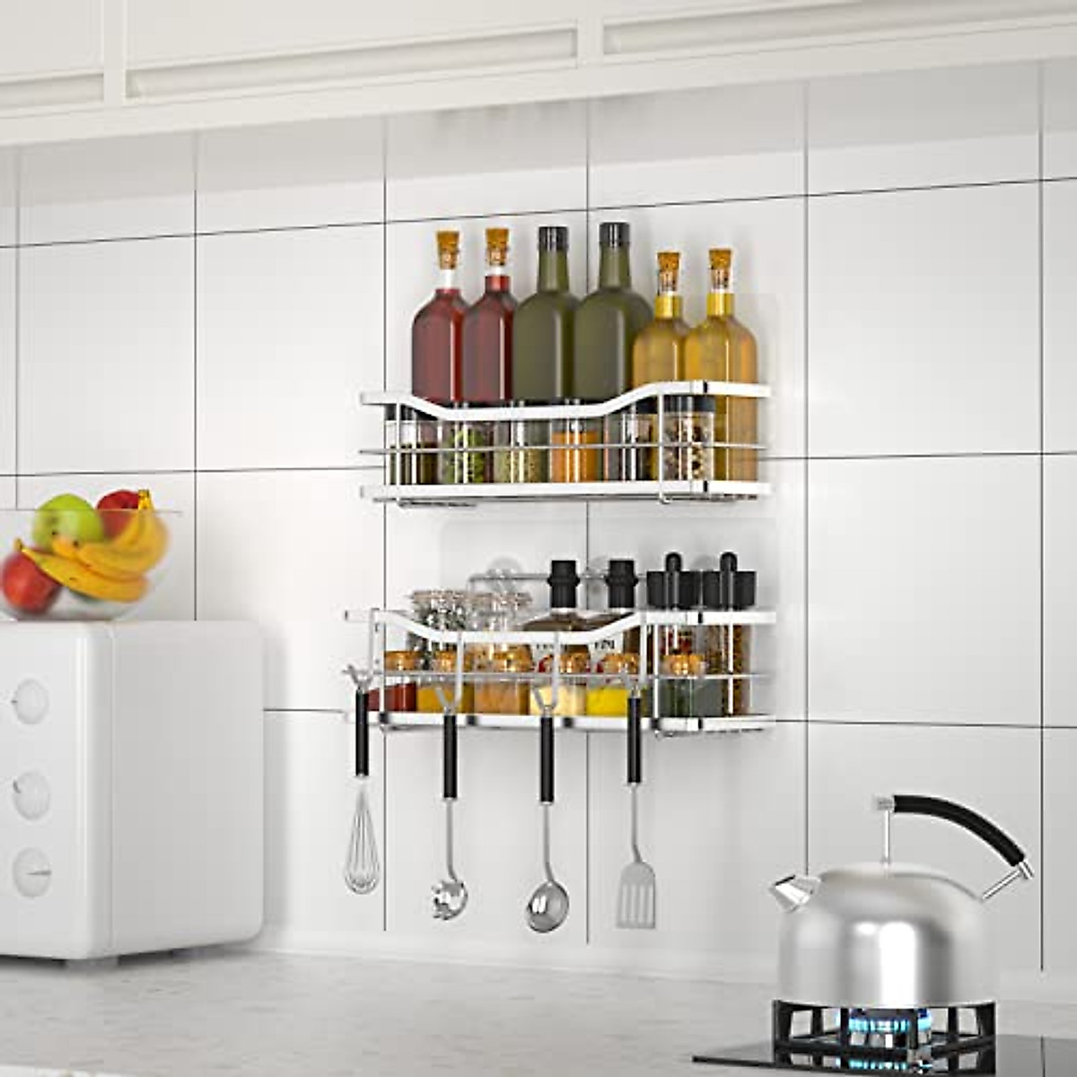 EAGMAK Shower Caddy with Hooks of 4, No Drilling Adhesive Shower Shelf Wall Mounted Shampoo Holder, SUS304 Stainless Steel Shower Storage Organizer for Bathroom, Toilet and Kitchen- 2 Pack (Silver)