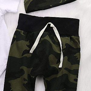 Cute 3pcs Newborn Baby Boys Letter Print Romper+Camouflage Pants+Hat Outfits Set (0-3Months, White&Outta)