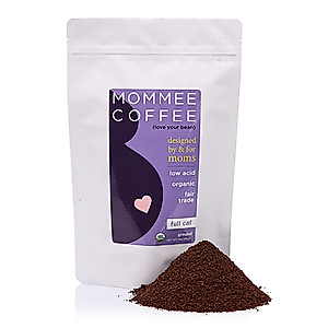 Mommee Coffee Full Caf Ground Low Acid Coffee - 100% Arabica Organic Coffee Beans with Smooth Caramel Flavor - Medium Grind for Drip, Reusable One Cup Filters - 11 oz