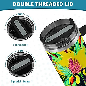 SDMKA 30oz Stainless Steel Tumbler with Straw and Handle, Vacuum Insulated Double-Walled Travel Mug, BPA-Free Leakproof Cup for Hot/Cold Beverages, Tropical Birds Palms