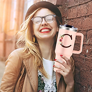 Monogrammed 40oz Tumbler with Handle for Women, Personalized Birthday Gifts for Women,Initial Cups for Woman Floral Letter C,Customized Gifts for Female Lady Gift for Mothers Day Christmas