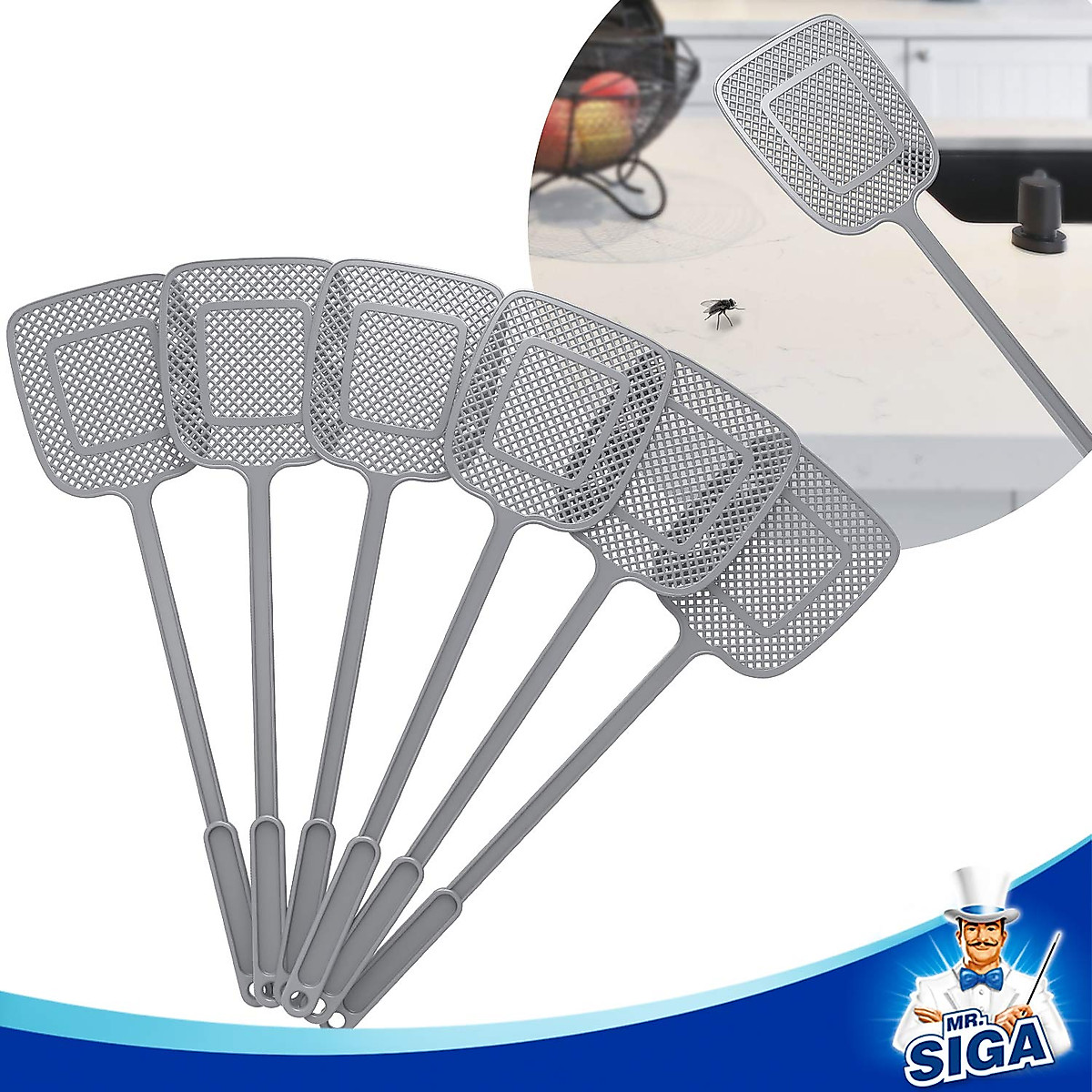 MR.SIGA Heavy Duty Long Handle Fly Swatter, Gray, 6 Pack