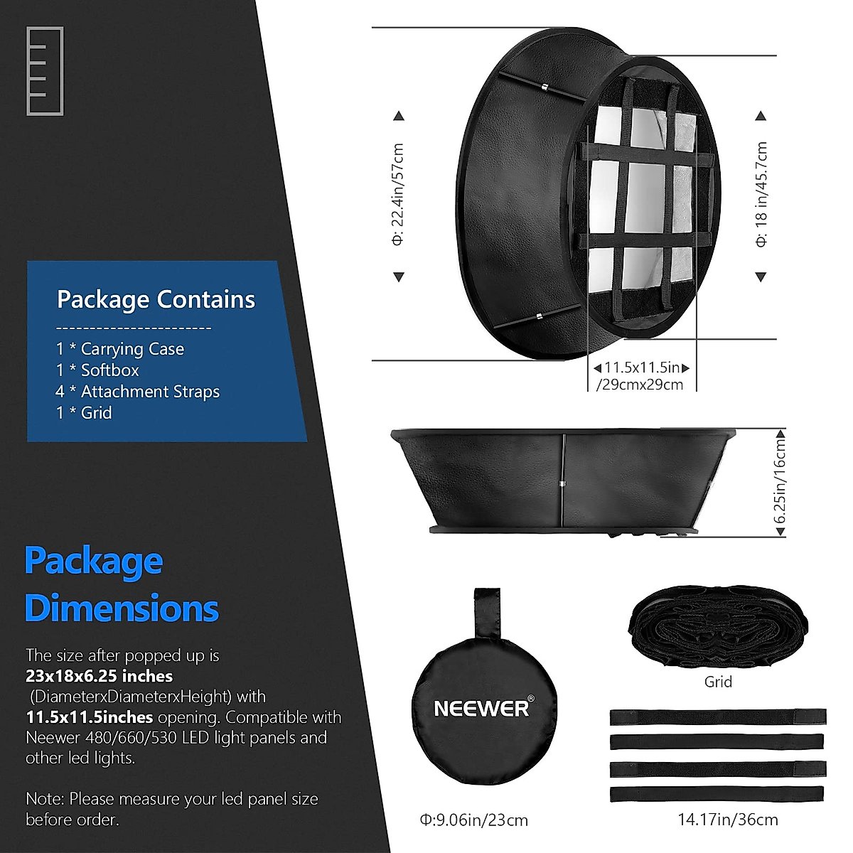 Neewer Collapsible Softbox Diffuser with Honeycomb Grid Compatible with Neewer 480/660/530 LED Light Panels, 11.5x11.5inches Opening with Strap Attachment and Carry Bag for Studio Photo Video Shooting
