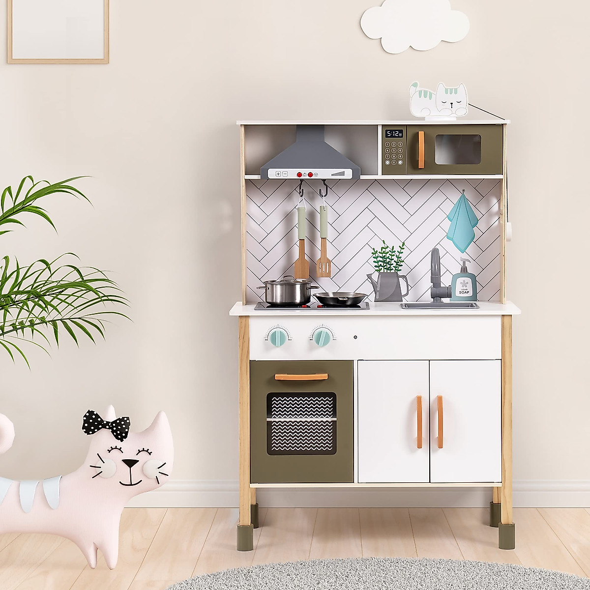 ROBOTIME Wooden Play Kitchen for Kids, Toys Kitchen with Light & Sound & Range Hood, Kids Kitchen Playset with Plenty of Play Features, Pretend Play Kitchen Set for Girls Boys Ages 3+