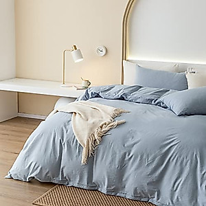 JIYUAN 100% Washed Cotton Duvet Cover Set Comfy Simple Style Soft Breathable Textured Durable Linen Feel Bedding for All Seasons Full/Double Size,Solid Light Blue