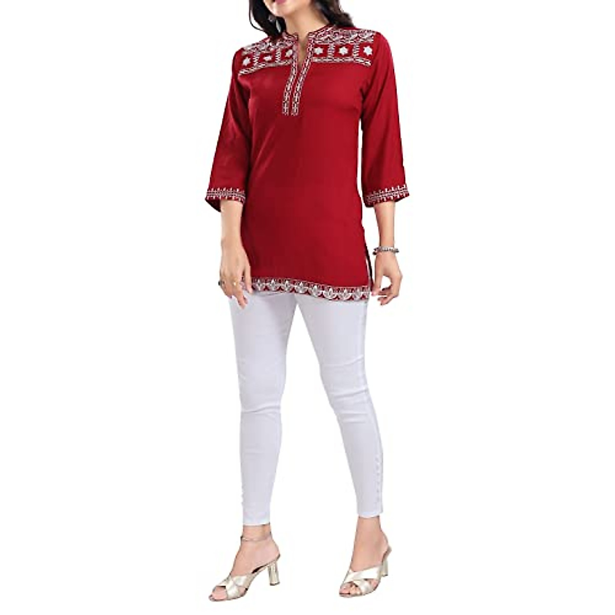 IshDeena Indian Kurtis for Women Indian Style Printed Embroidered Tunics Womens Tops Kurta (Extra Large, Red - 0622S1ID2)