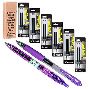 Pilot G2 Refills, Purple Ink 0.7mm Fine, 6 Packs of Refills Plus 1 Pilot G2 07 Purple Pen and 1 Pilot B2p Purple Pen