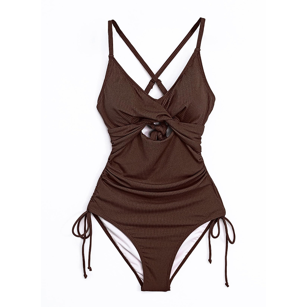 ERASHE Women's Ribbed One Piece Swimsuit Tummy Control High Cut Bathing Suit Sexy V Neck Criss Cross Fashion Monokini (as1, Alpha, l, Regular, Regular, Brown)
