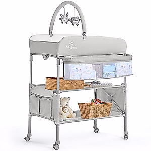 Portable Baby Changing Table, BabyBond Foldable Changing Table Dresser Waterproof Diaper Changing Table Height Adjustable Changing Station for Infant and Newborn(Beige)