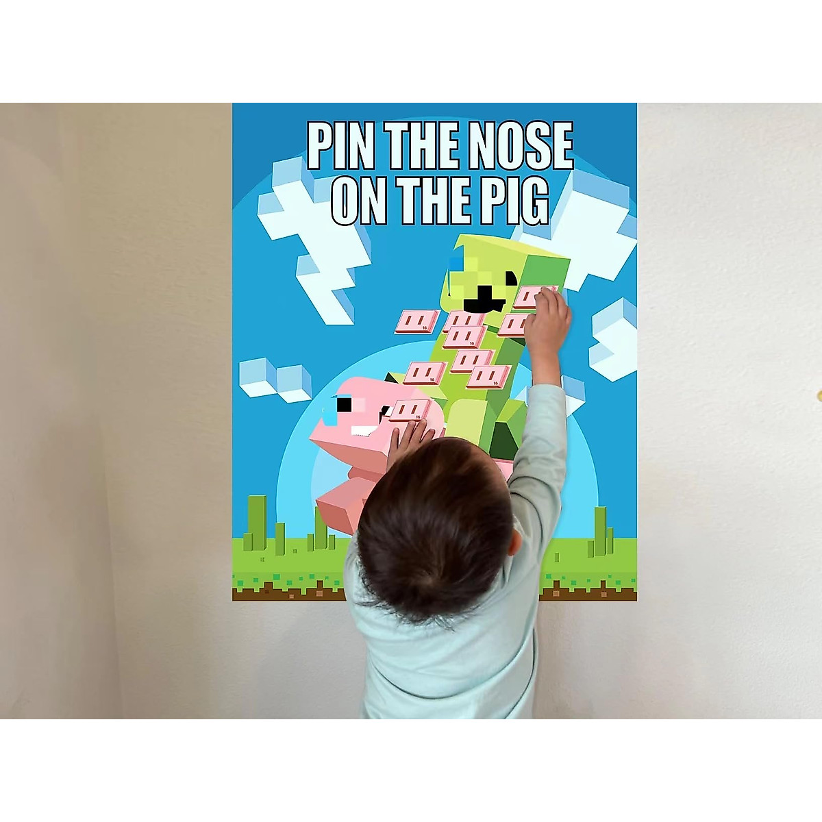 SUNALETTA Video Game Birthday Party Supplies for Kids Pin The Nose on The Pig Games Party Games for Kids, Pixel Miner Party Kids Party Favors Decorations