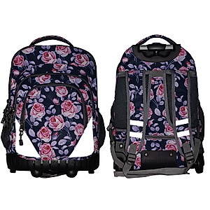 SKYMOVE 18 inches Wheeled Rolling Backpack Multi-Compartment College Books Laptop Bag Business Trip Carry-on, Pink Flower