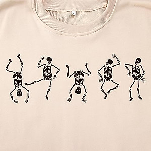 SOFEON Women Halloween Dancing Skeleton Sweatshirt Horror Skull Graphic Crewneck Sweatshirt Spooky Season Pullover Tops(Beige,X-Large)