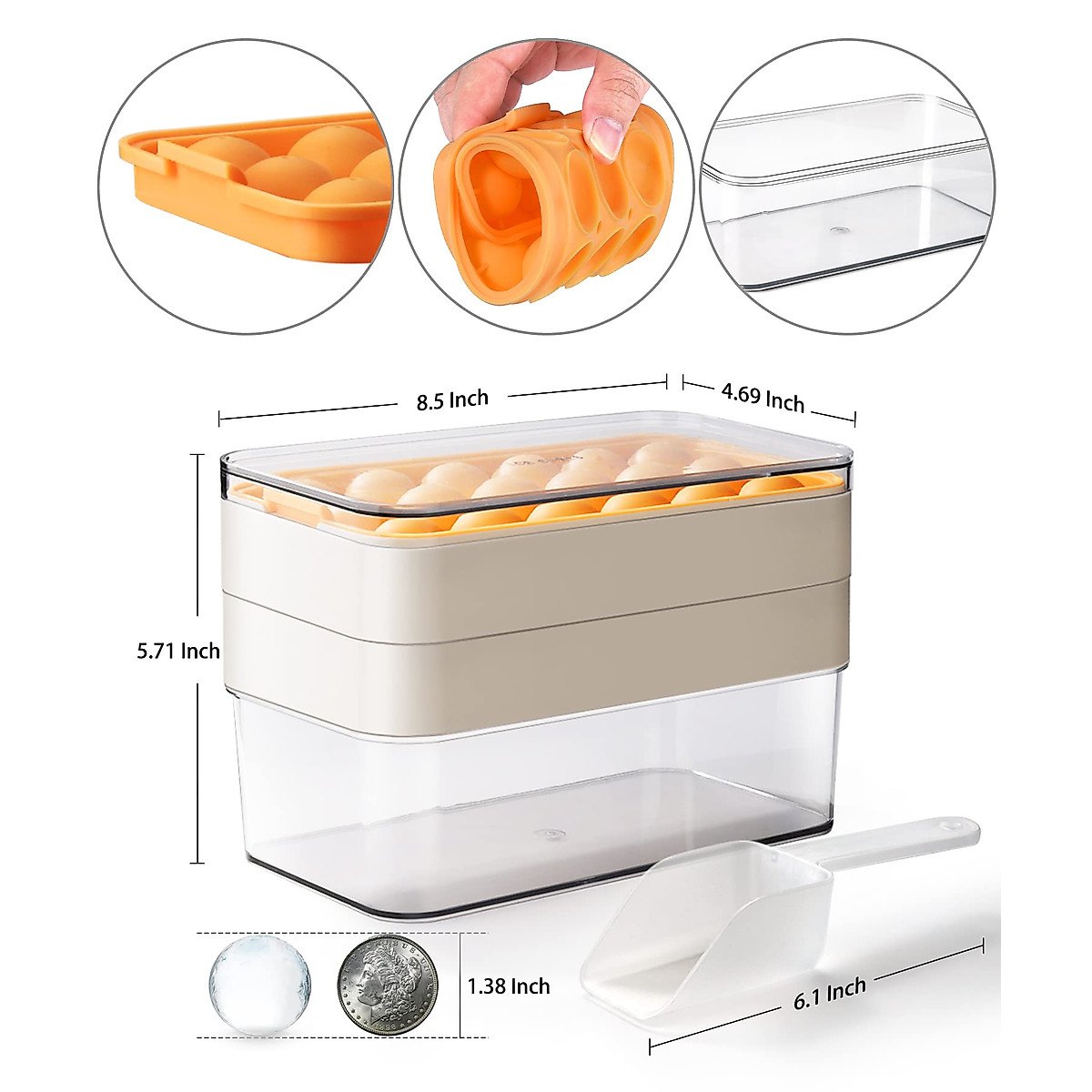 longzon Round Ice cube Trays for Freezer,Easy-Release Silicone,Circle Ice cube tray Making Sphere Ice with Removable Lid,BPA Free,for Cocktail,Whiskey Tea Coffee 2 Trays 1 ice Bucket & Scoop [2 pack]