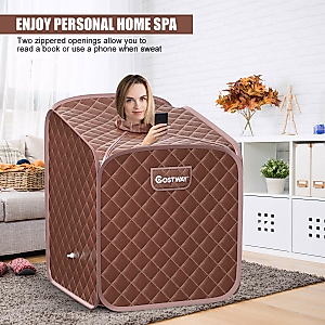 COSTWAY Portable Steam Sauna, 2L Folding Home Spa Sauna Tent for Weight Loss, Detox Relaxation at Home, Personal Sauna with 9 Temperature Levels, Timer, Remote Control, Foldable Chair (Coffee)