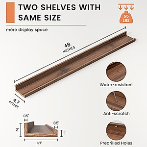 Picture Ledge Shelf, Floating Shelves Set of 2, 48 Inches Long Large Nursery Book Shelves for Toys Storage, Kids Bookshelf Wall Mounted for Living Room Bedroom Decor Books Photo Frames, Walnut