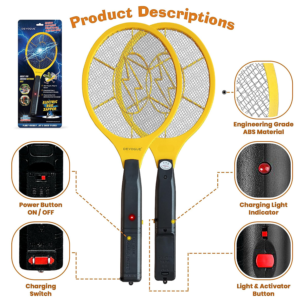 DEVOGUE® Pack of 2 Electric Fly Swatter Bug Zapper Battery Operated Flies Killer Indoor & Outdoor Pest Control Mosquito Zapper and Insect Catcher Racket (Packing May Vary)