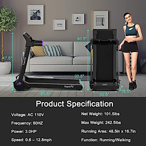 Goplus 3HP Electric Folding Treadmill, Self-Standing Superfit Treadmill with APP Control, Blue Tooth Speaker, HD Touch Screen, Installation-Free, Walking Jogging Running Machine for Home Office
