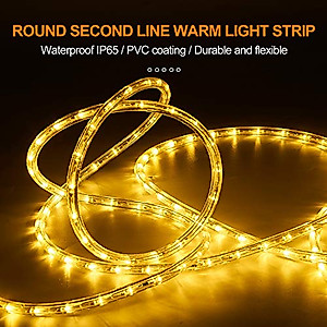 JINJUER LED Rope Lights, 50ft/15M Warm White Strip Lights with Clear PVC Jacket, Connectable and Flexible, Waterproof for Indoor Outdoor use, 110V Plugin Tape Lighting with High Brightness 450 LEDs