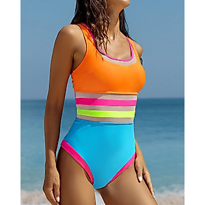 popvil Neon Color Block One Piece Bathing Suit for Women Mesh Tummy Control Swimsuit Teens Sport High Cut Scoop Swimwear