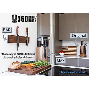 360KnifeBlock BAR - (walnut & blue) 4”x16” wall mount knife BAR - integrated level, steel clips, 2” screws